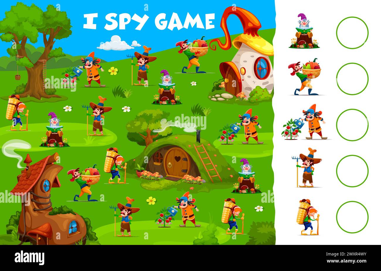 I spy game, cartoon garden gnome and dwarf characters fairytale village ...