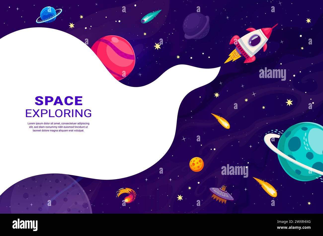 Cartoon space rocket in galaxy between stars and planets in starry sky, vector background. Space ...