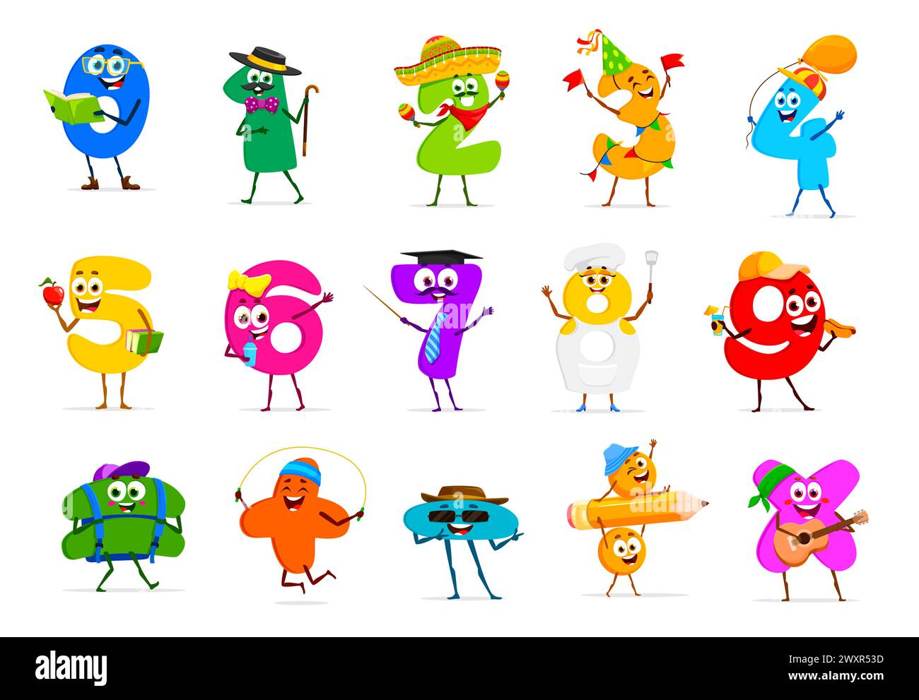 Cartoon funny math number characters. Cute digits and mathematics signs ...