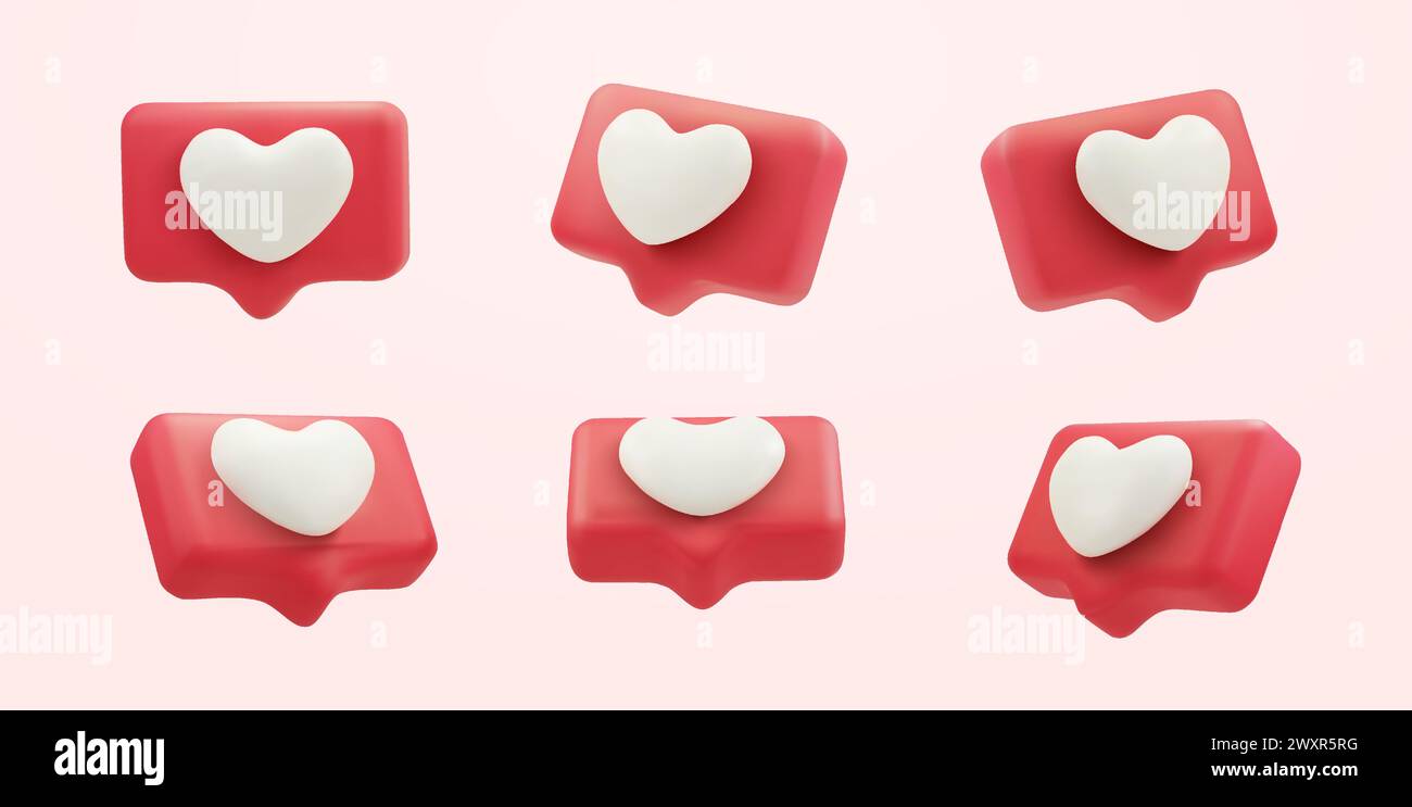 Set of 3d vector heart textboxes, heart icons, love social media ...