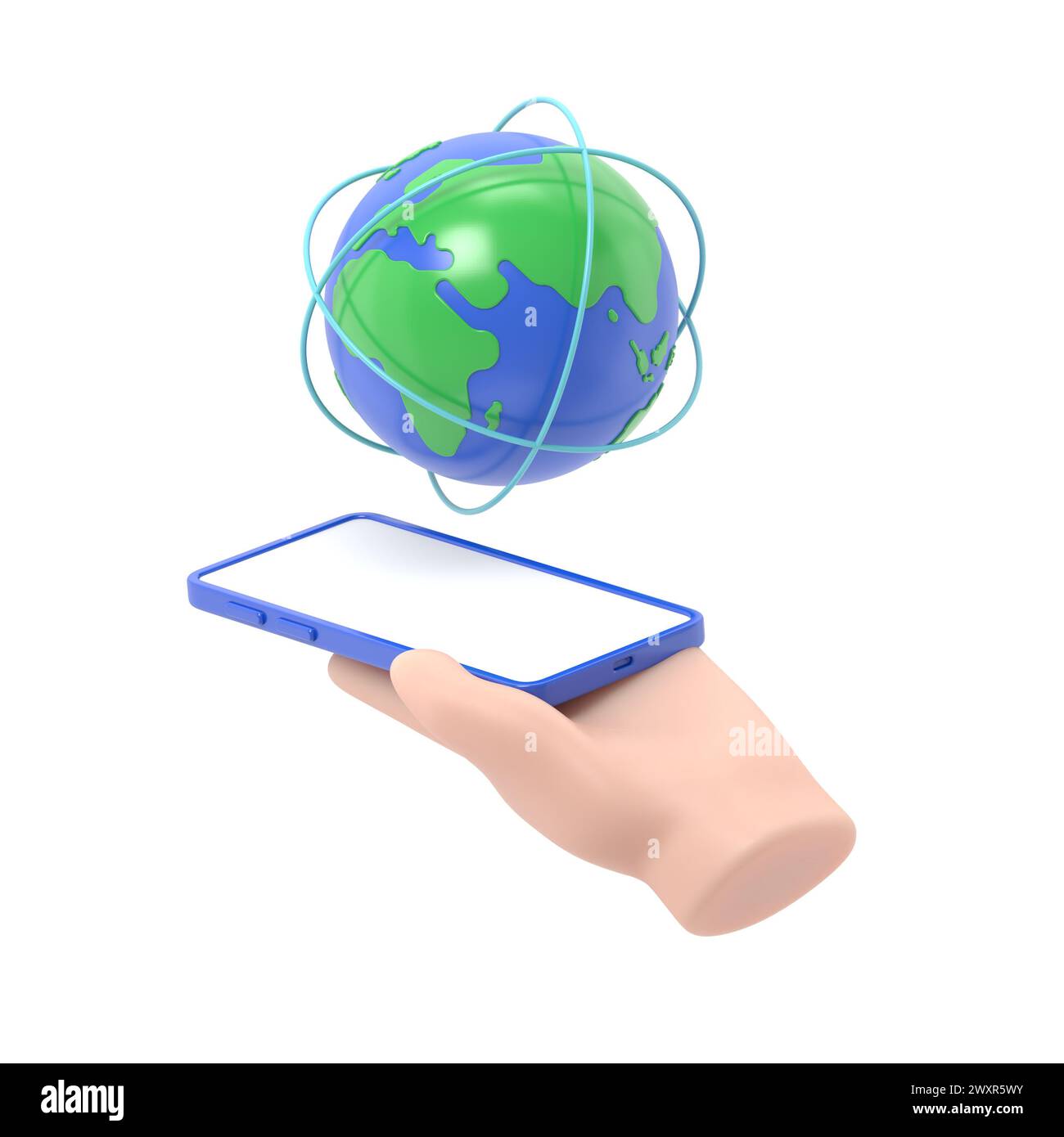 Flat 3d isometric businessman hand holding smartphone with world and ...