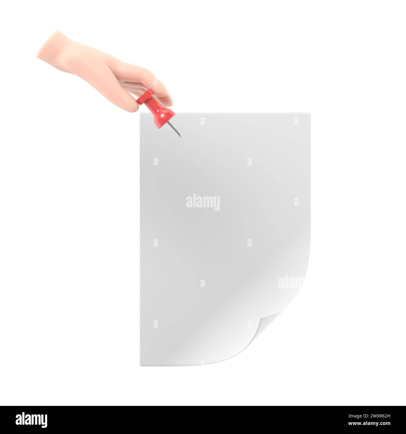 Paper push pins. Thumbtack in hand man. Empty white sheet. 3D ...