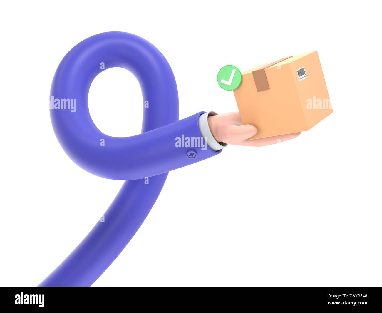 3D Hand holding parcel with check mark. Delivery of order in cardboard ...