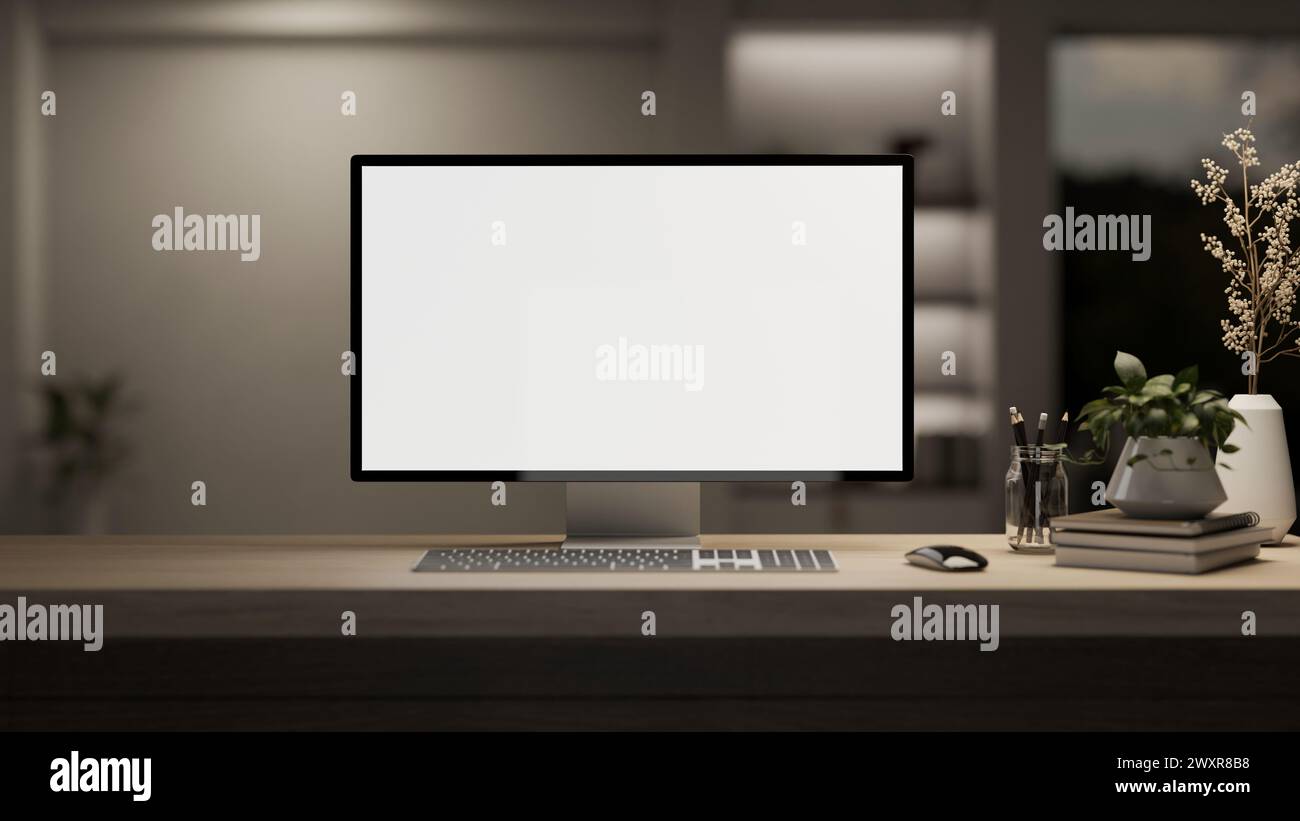 A computer desk in a modern room with a dim light, a PC computer white ...