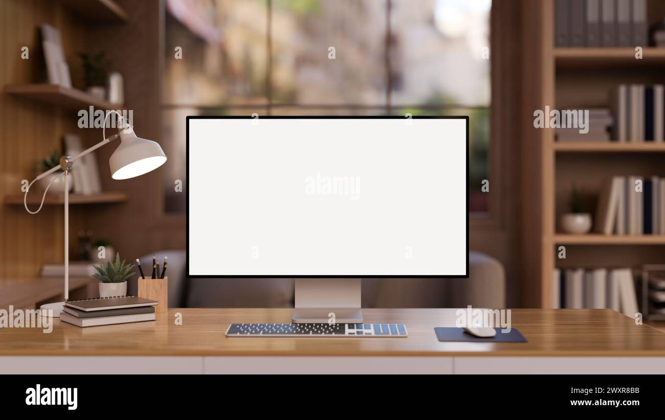 The interior design of a contemporary wooden office workspace features ...