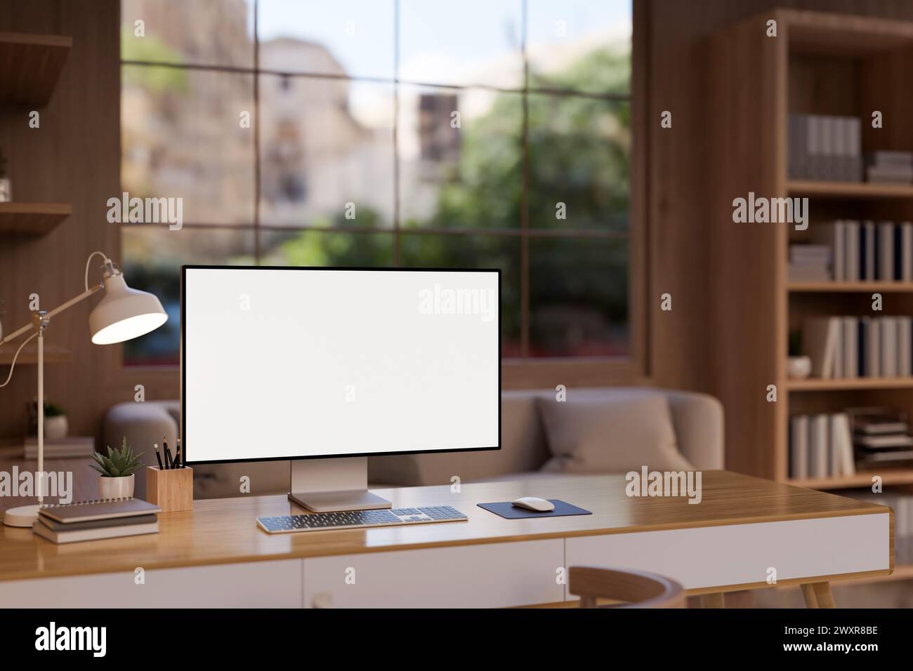 The interior design of a contemporary wooden office workspace features ...