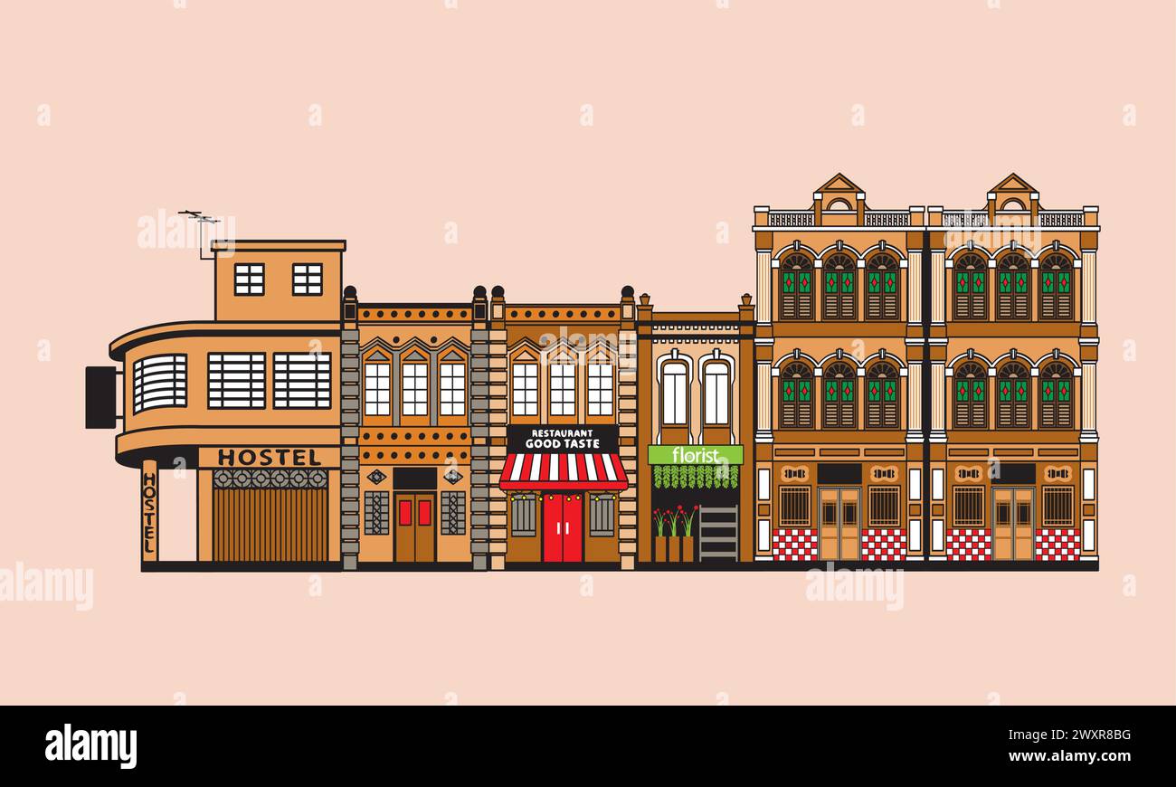 Historical colonial style shop houses street in nostlagia colour scheme ...