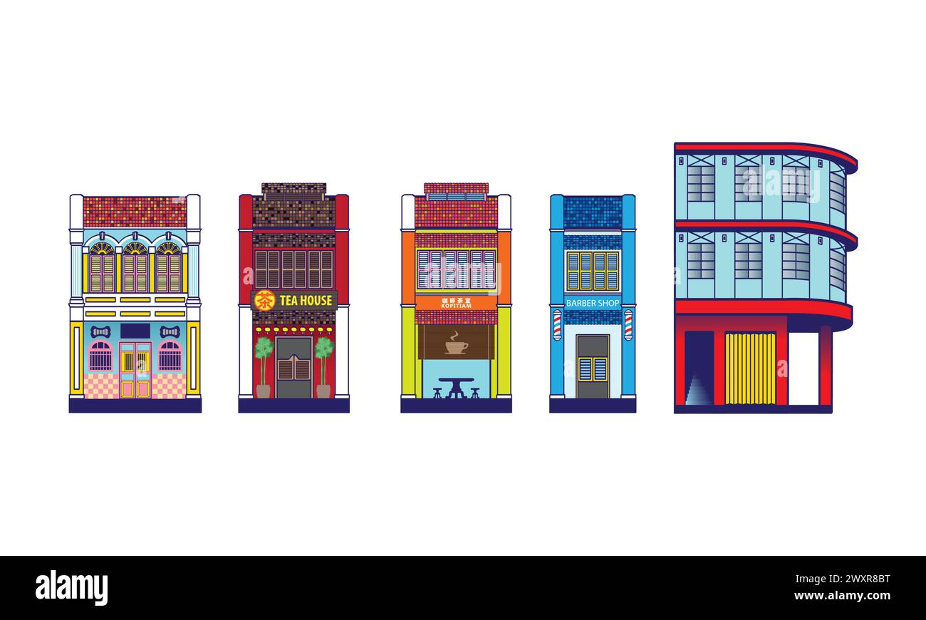 Isolated historical colonial style shop houses in nostlagia colour ...