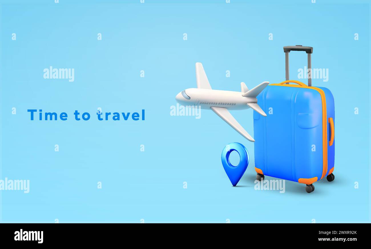 Travel and booking background template with 3d airplane, suitcase, map ...