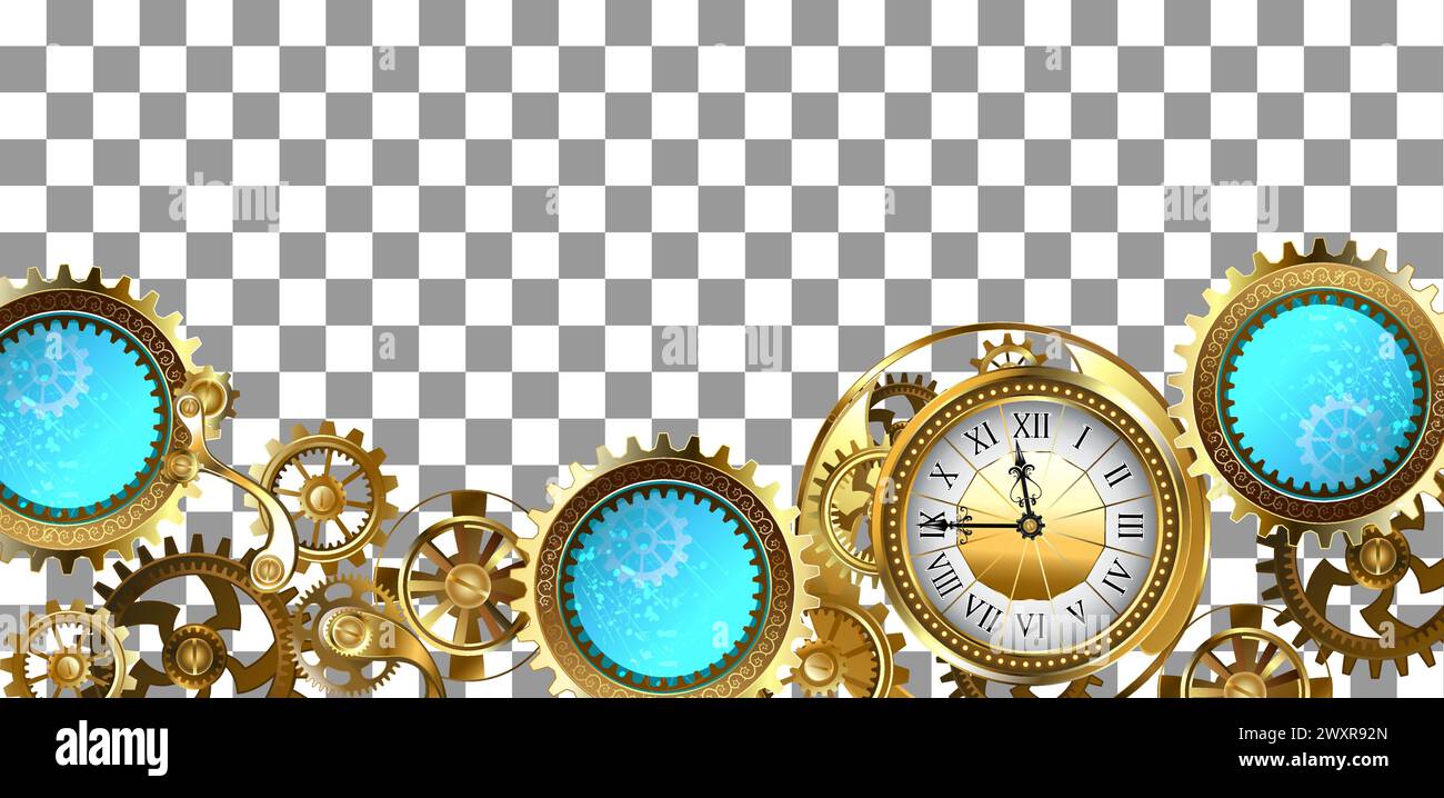 Long border with gold and brass gears and turquoise lenses on ...