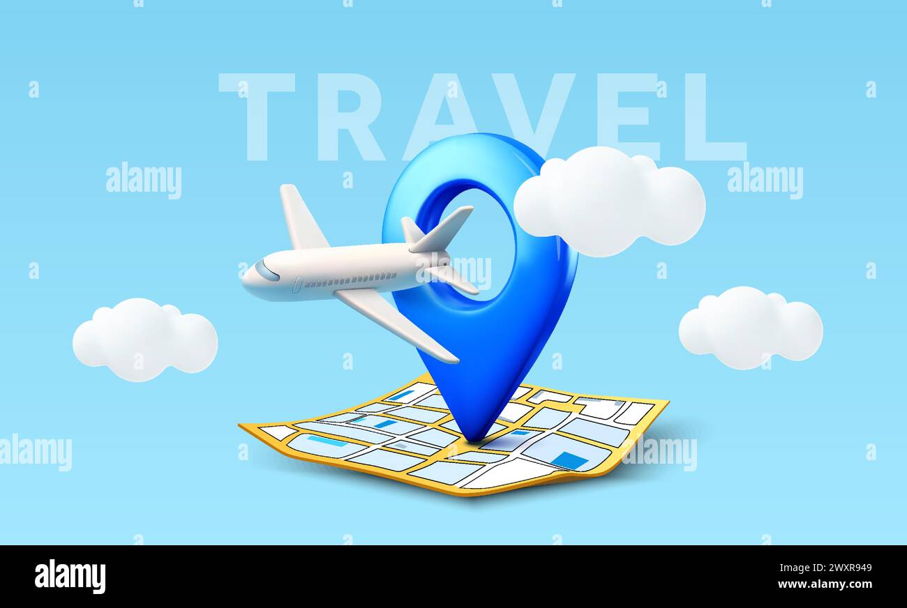 3d travel banner template with map marker or pin icon, airplane, clouds ...