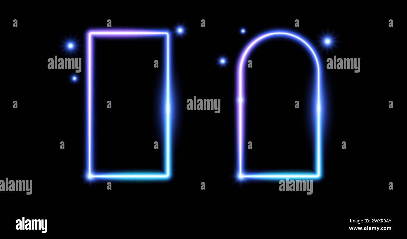 Glow neon rectangle and arch frames. Blue light shining borders. Neon ...