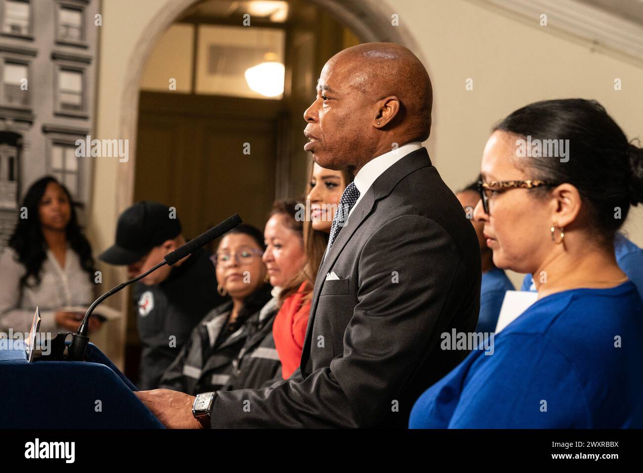 New York, USA. 01st Apr, 2024. Mayor Eric Adams speaks as he announced ...