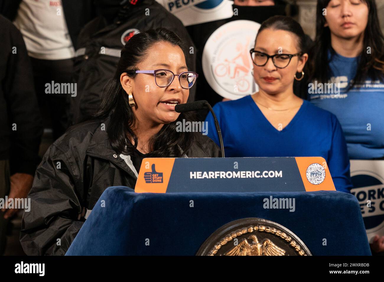 New York, USA. 01st Apr, 2024. Ligia Guallpa speaks as Mayor Eric Adams ...