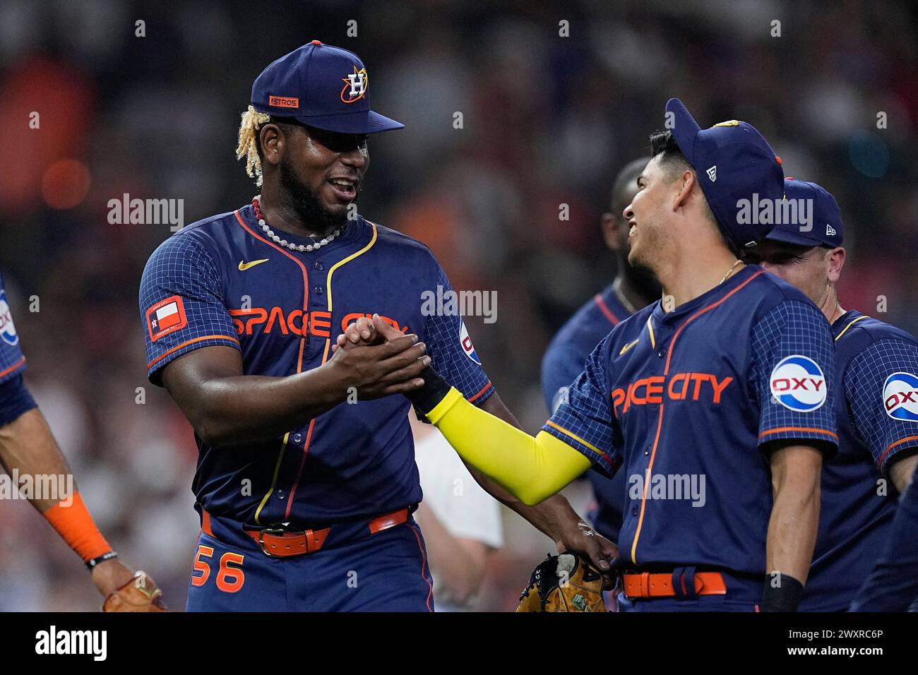 Houston Astros starting pitcher Ronel Blanco,celebrates with Mauricio ...