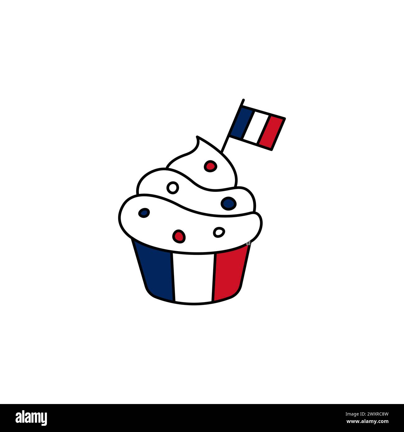 French cupcake in France flag style. Doodle vector illustration. Cute ...