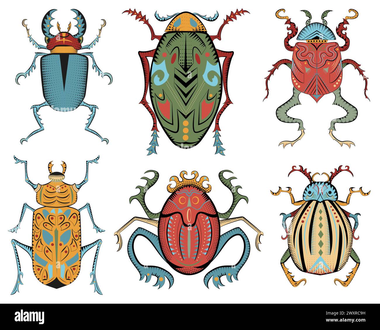 Colorful design vector set with mystic decorated bugs isolated on white ...