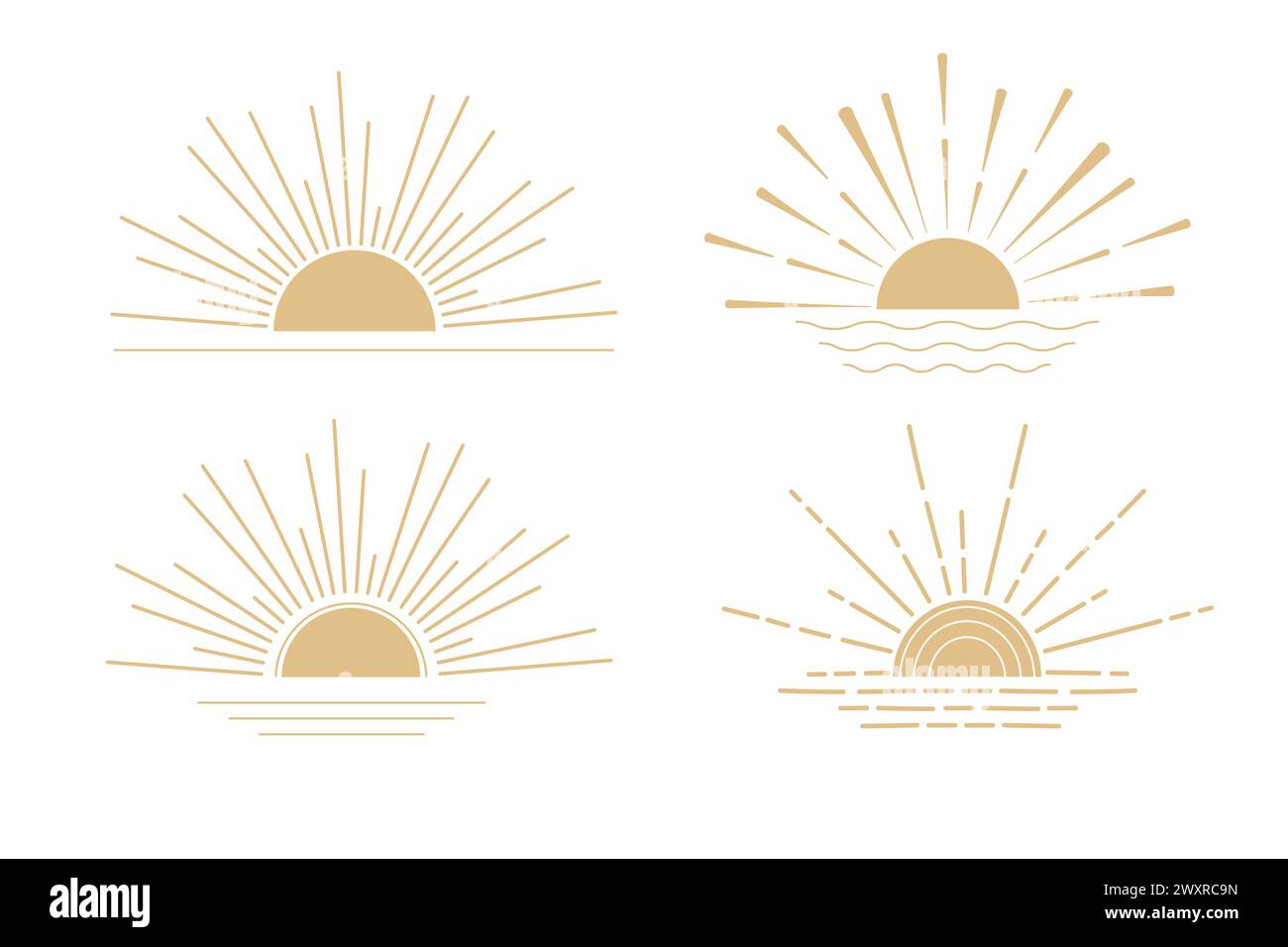 Golden sun burst beam line minimal sunrise decoration isolated on white ...