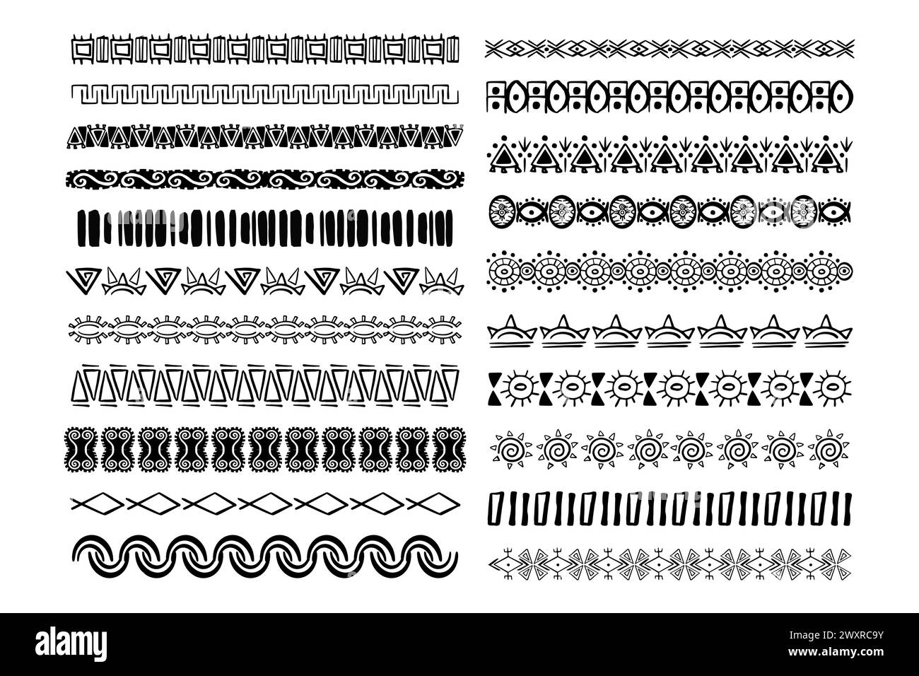 Set aztec tribal motive border in doodle hand drawn style from ...