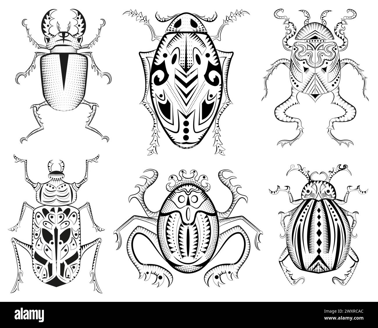Design vector set with mystic decorated bugs isolated on white, hand ...