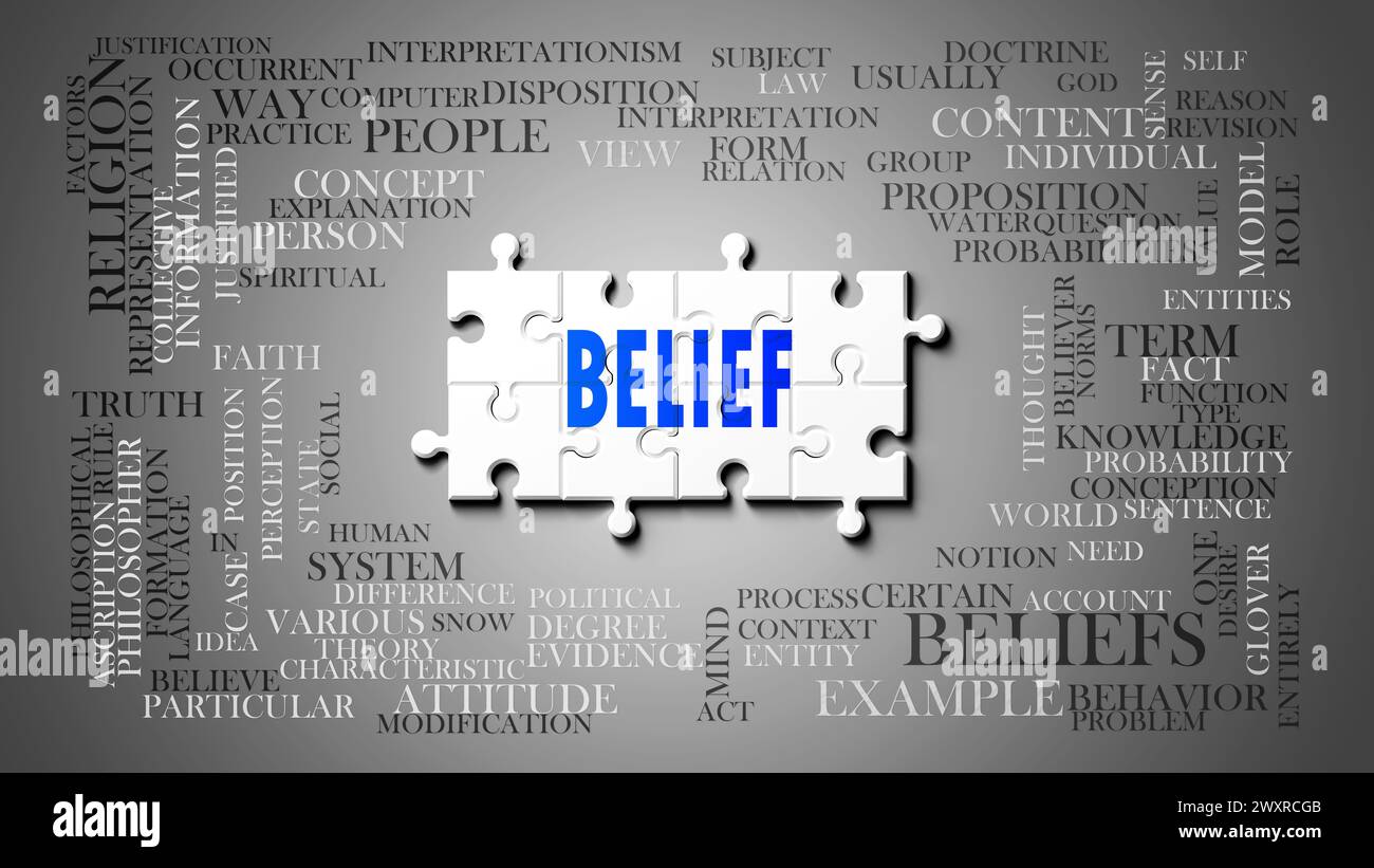 Belief as a complex subject, related to important topics. Pictured as a puzzle and a word cloud ...