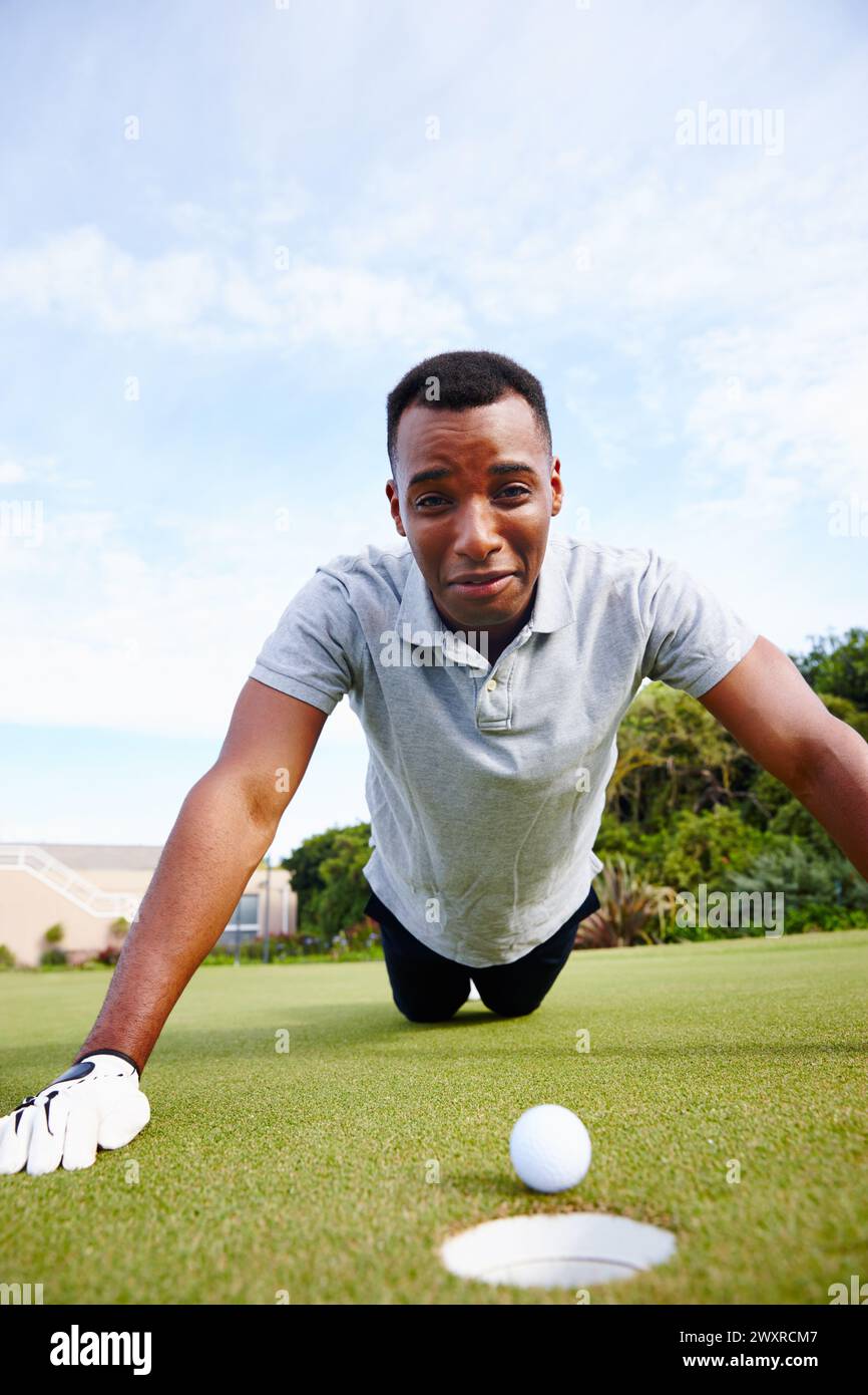 Man, sports and miss hole in golf, sad for fail or loss with expression ...