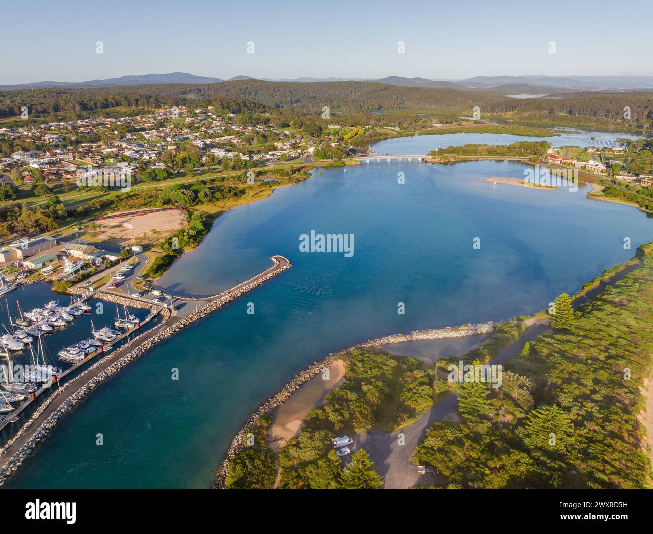 Aerial view of a coastal marina and inland waterway at Bermagui in New ...