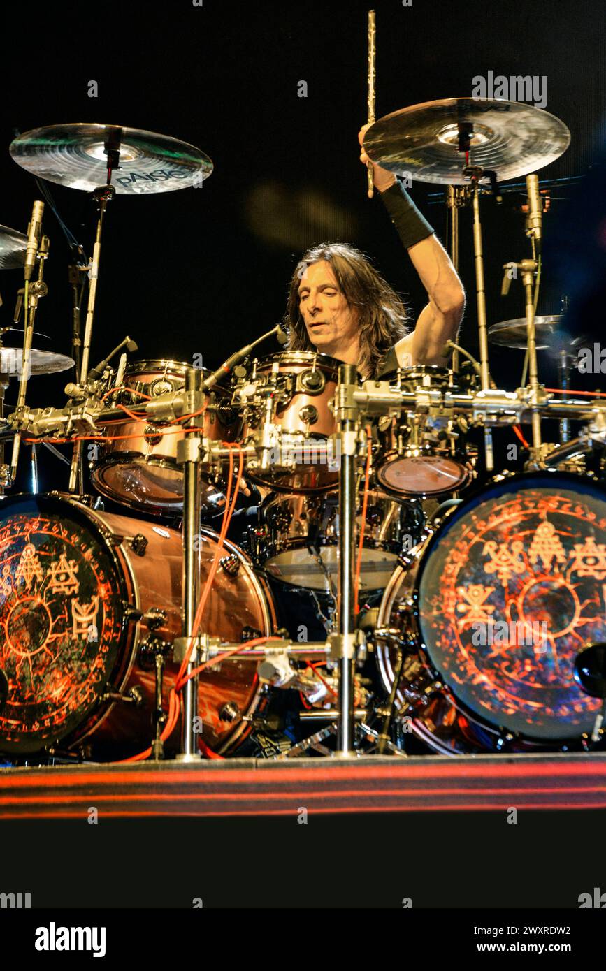 Scott Travis the drummer for Judas Priest performing on stage in Las ...