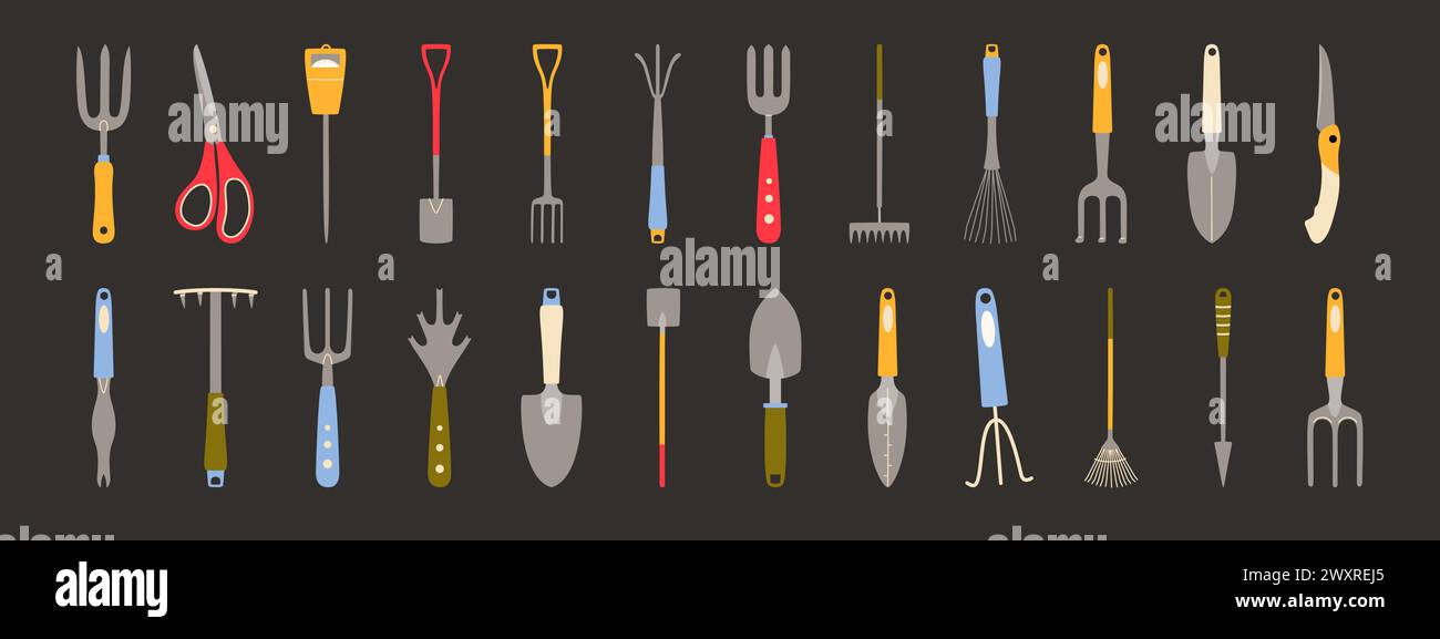 Collection of garden tools. Scissors, pruner, shovel, rake, pitchfork ...