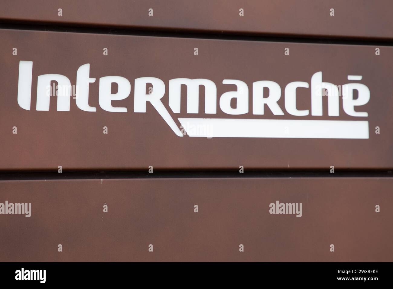 Intermarche text sign city shop facade french European supermarket ...