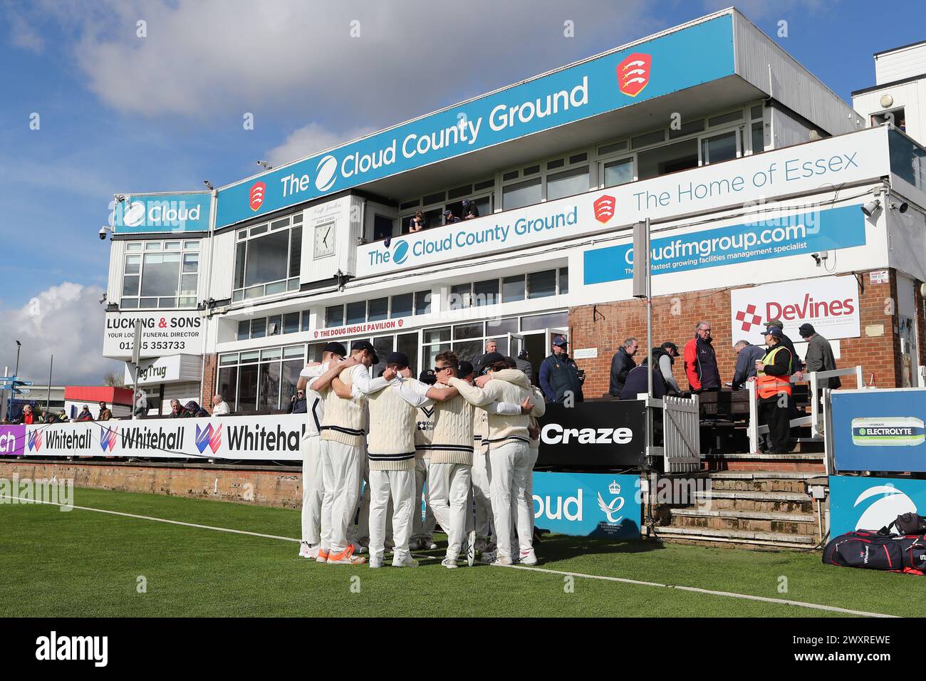 Middlesex players huddle during Essex CCC vs Middlesex CCC, Friendly ...