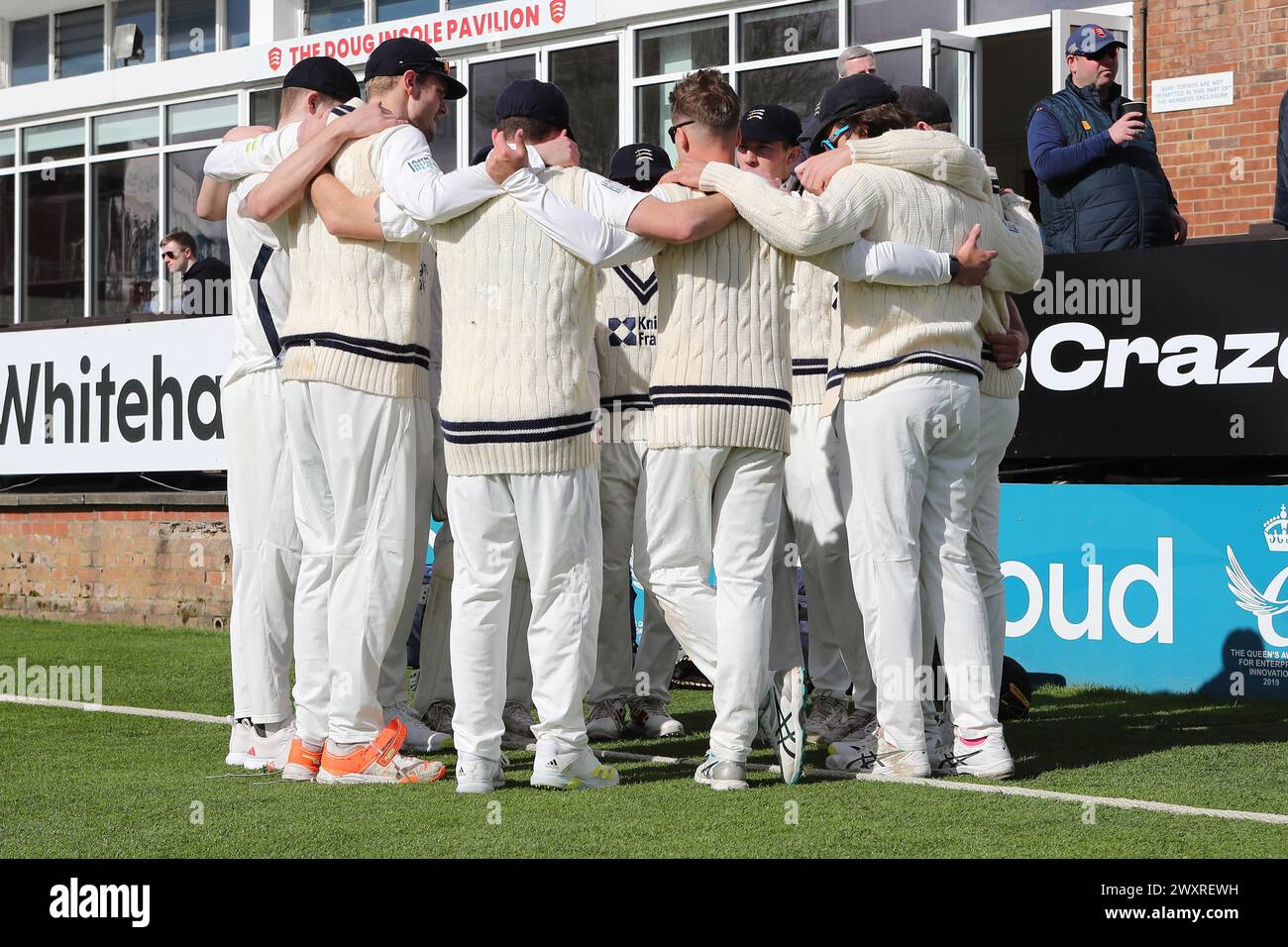 Middlesex players huddle during Essex CCC vs Middlesex CCC, Friendly ...