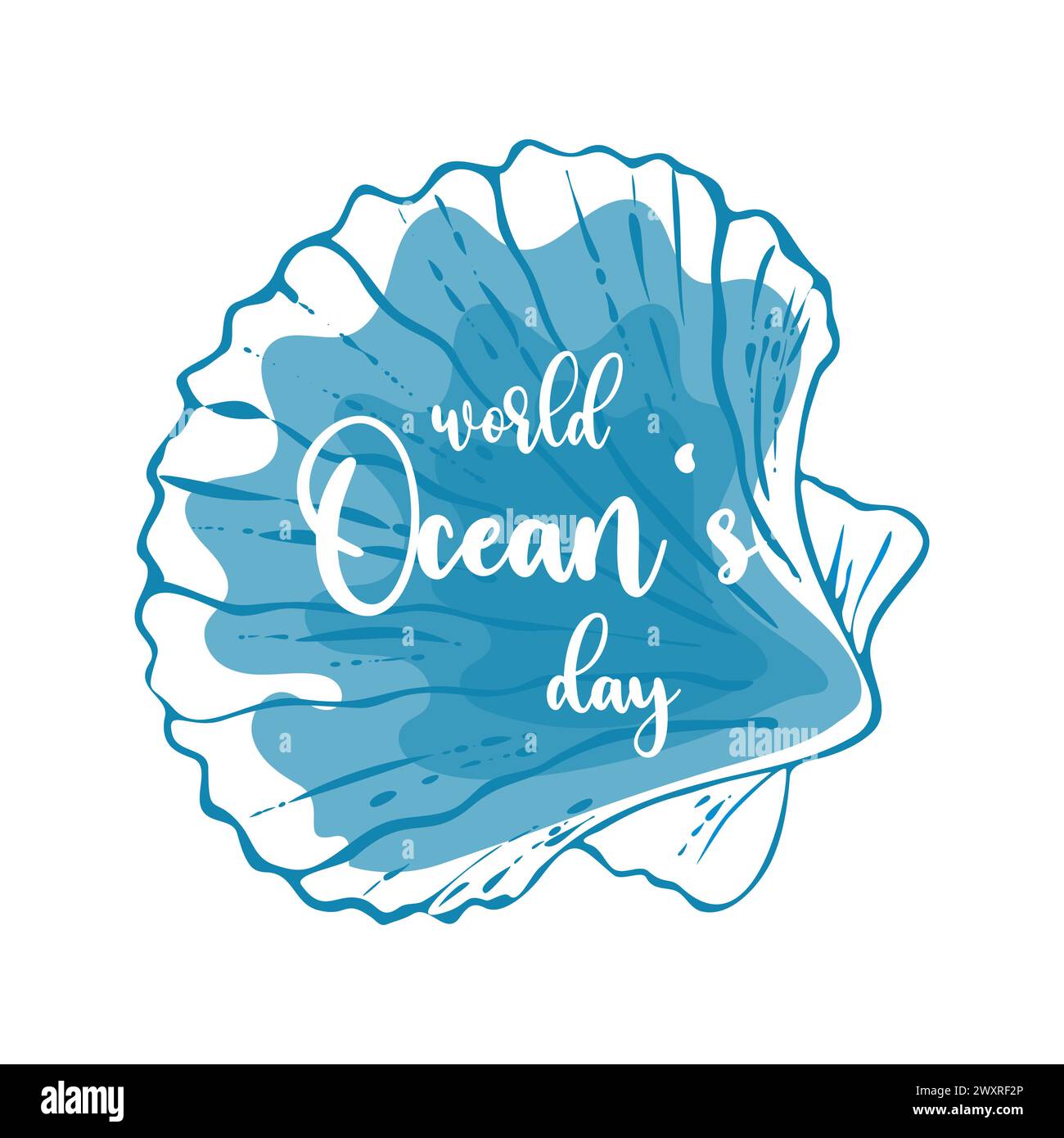 Oceans Day On Seashells Blue Contour Hand Drawing Emblem Isolated