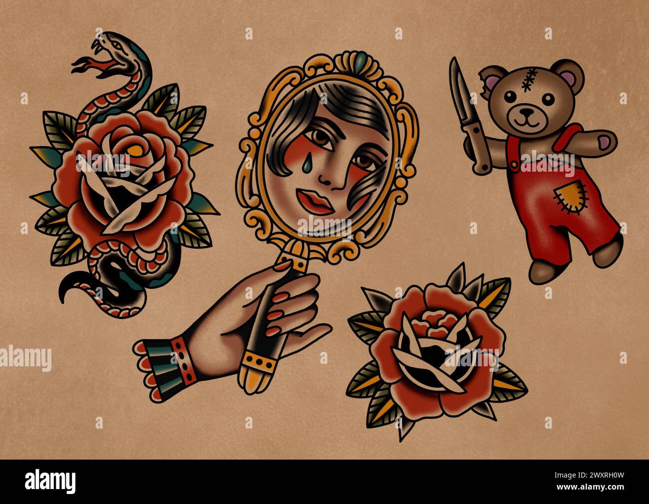 Old school tattoo collection drawings Stock Photo - Alamy