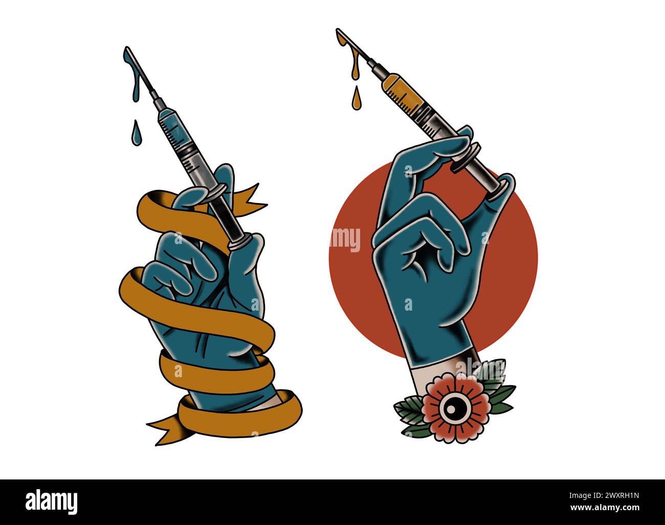 Old school tattoo designs collection hand holding syringe Stock Photo ...