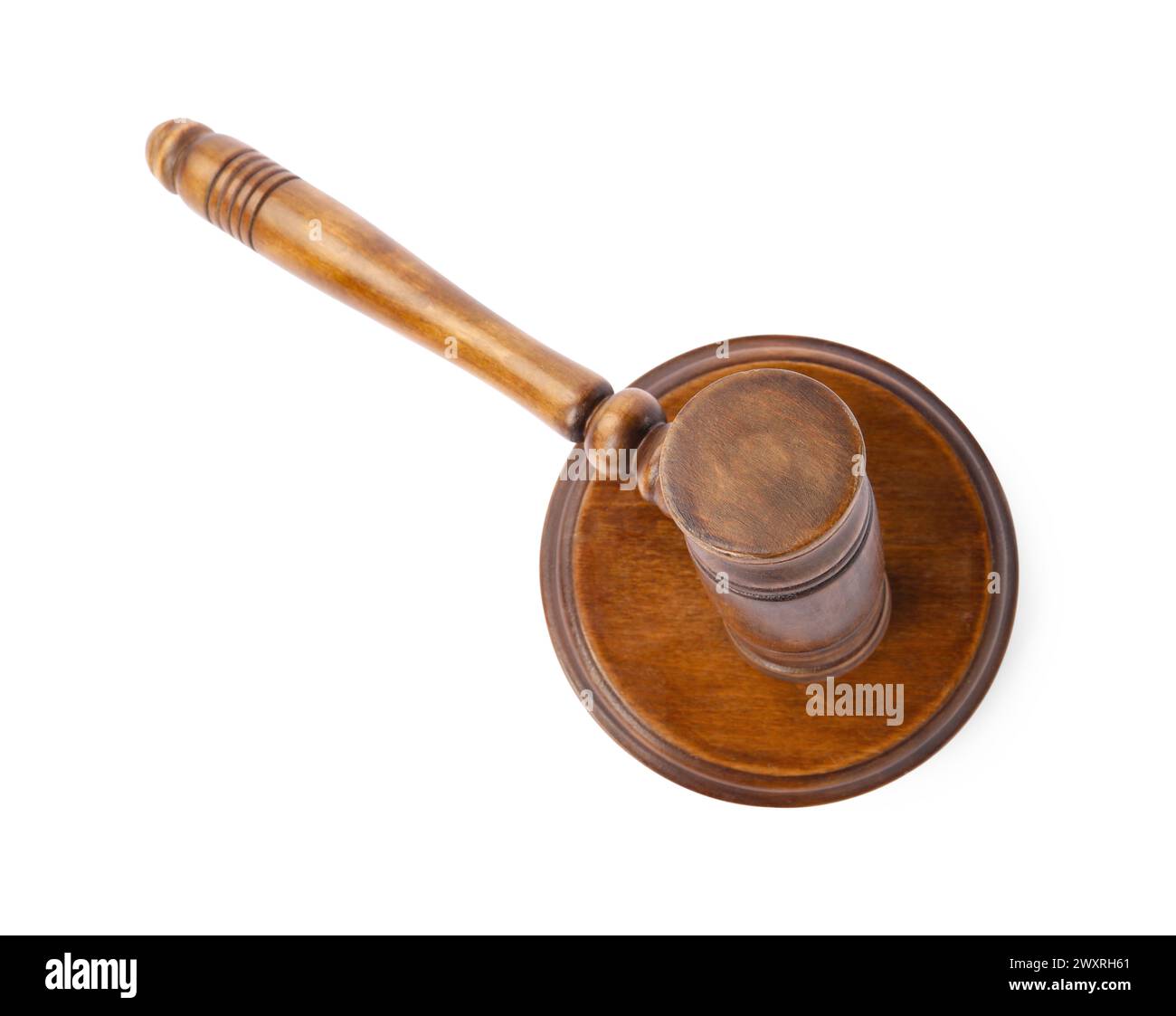 Wooden gavel isolated on white, top view. Small mallet Stock Photo - Alamy