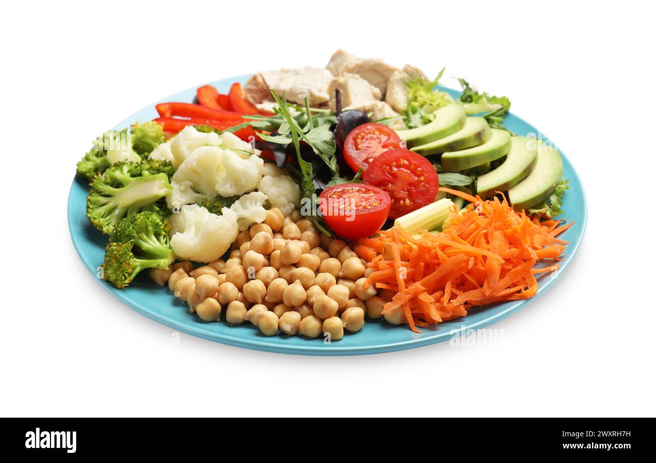 Balanced diet and healthy foods. Plate with different delicious ...