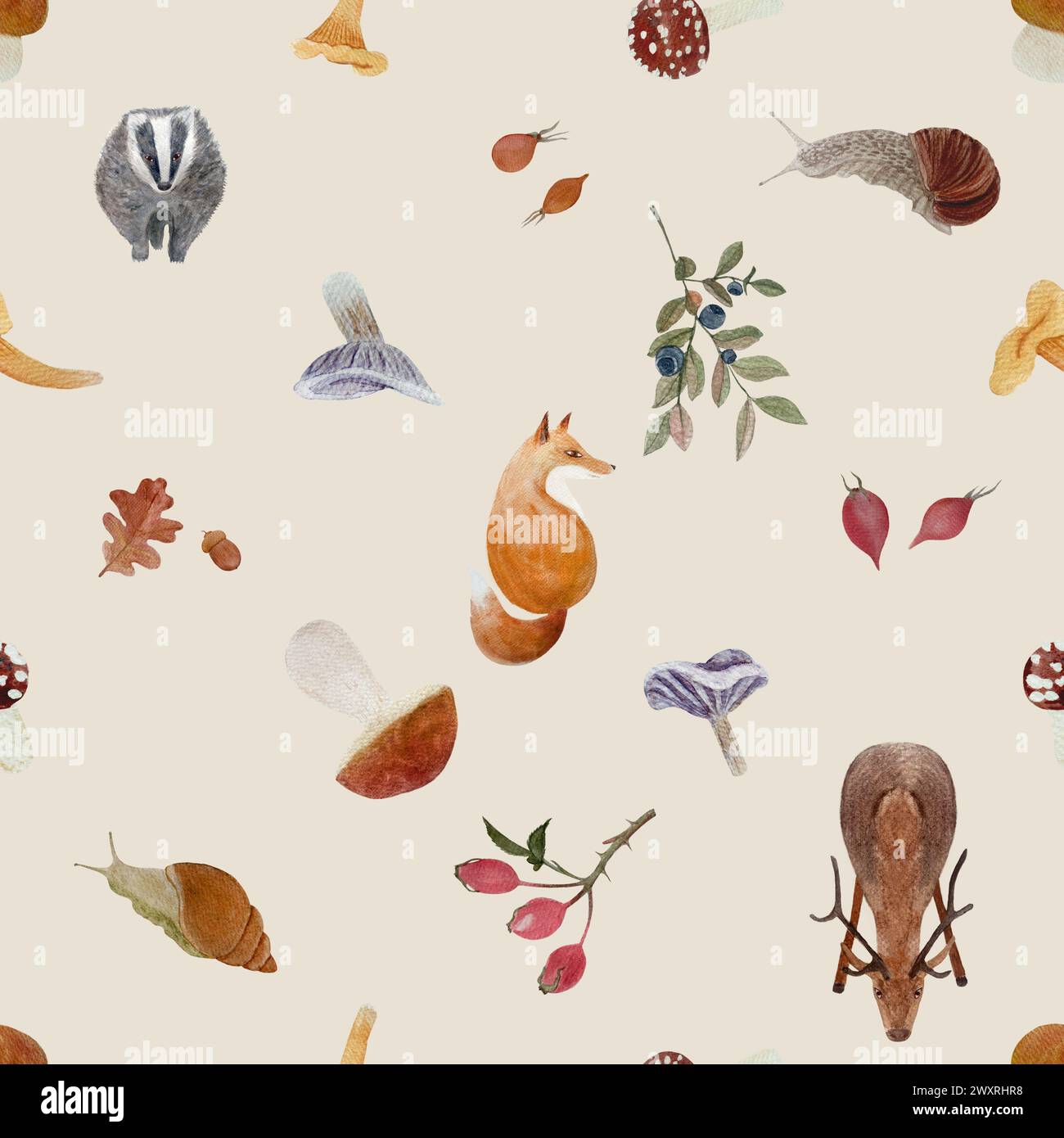 Wild animals and mushrooms watercolor seamless pattern on beige Stock ...