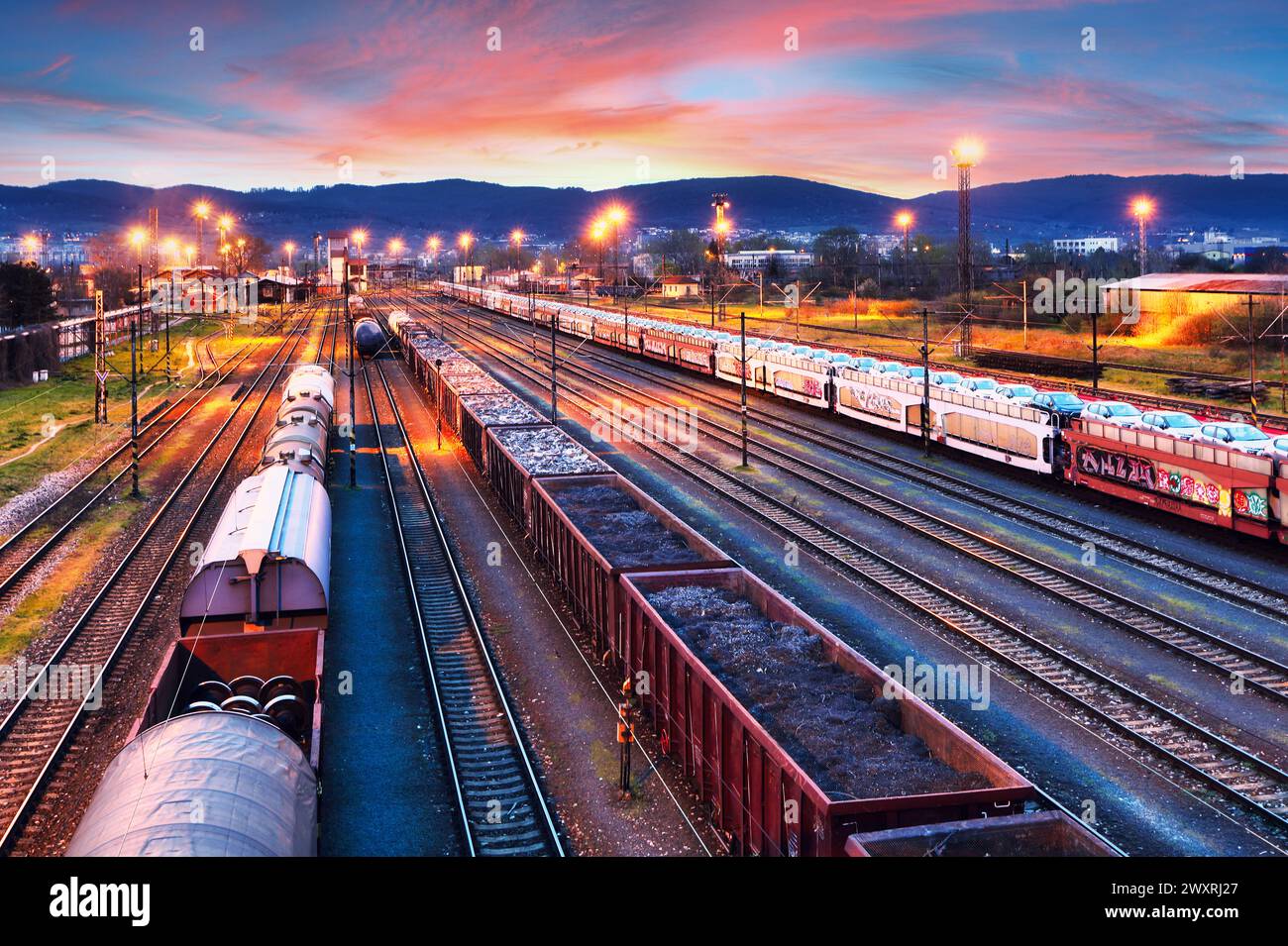 Freight trains station - Cargo transportation, Logistic Stock Photo - Alamy