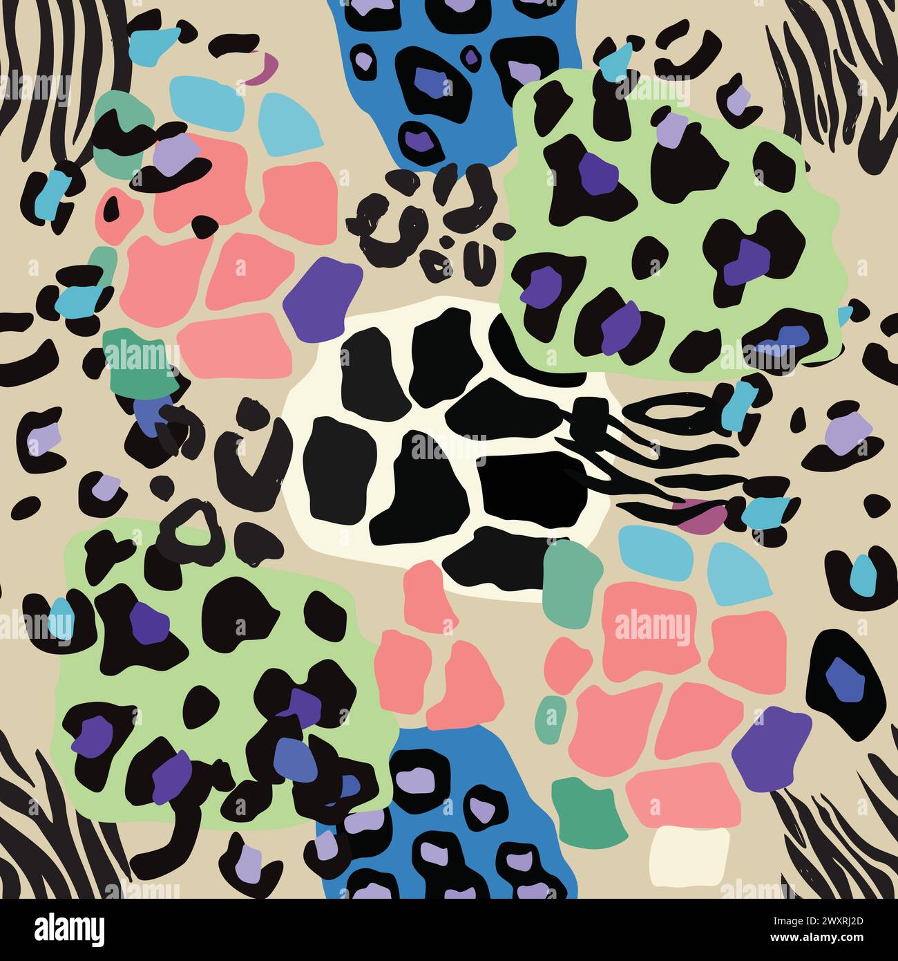 Textile art featuring colorful leopard print on a zebra background ...