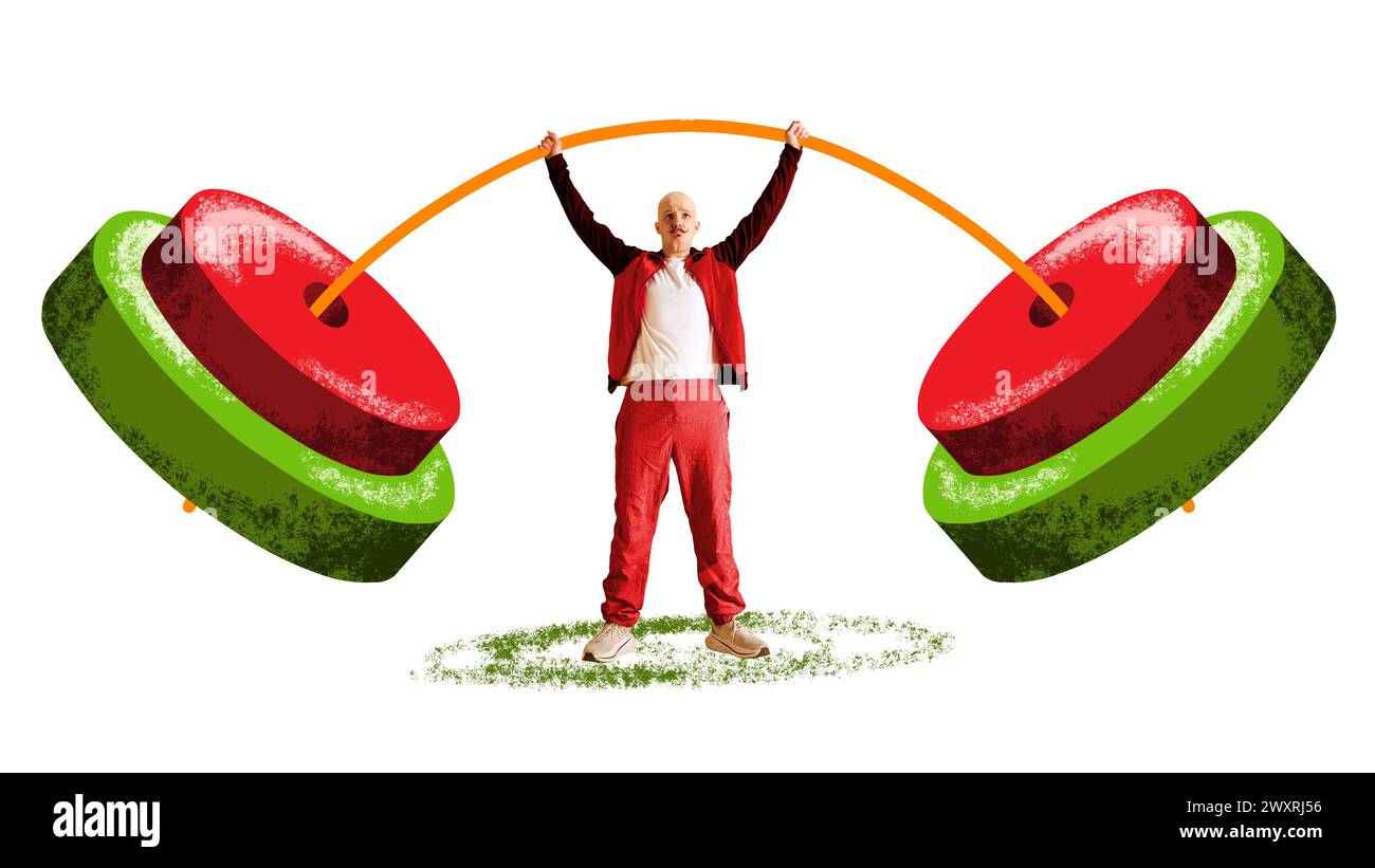 Man in sportswear raising abstract heave weight, barbell against white ...