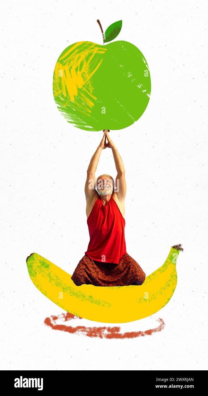 Senior positive man doing yoga exercises, sitting around apple and ...