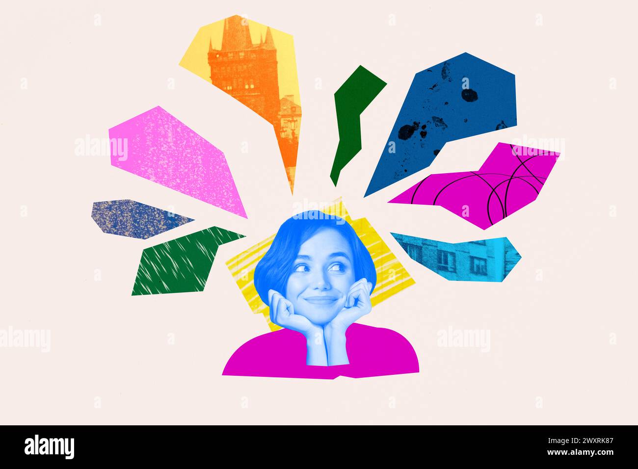 Creative abstract template collage of dreamy charming girl speech ...