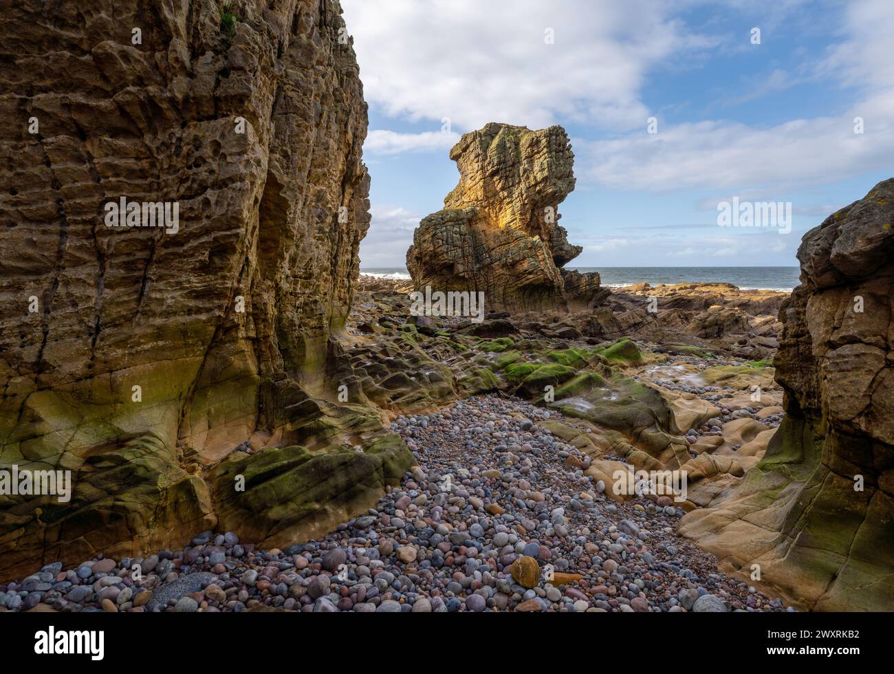 Cummingston Stacks in Moray on the North East coast of Scotland Stock ...