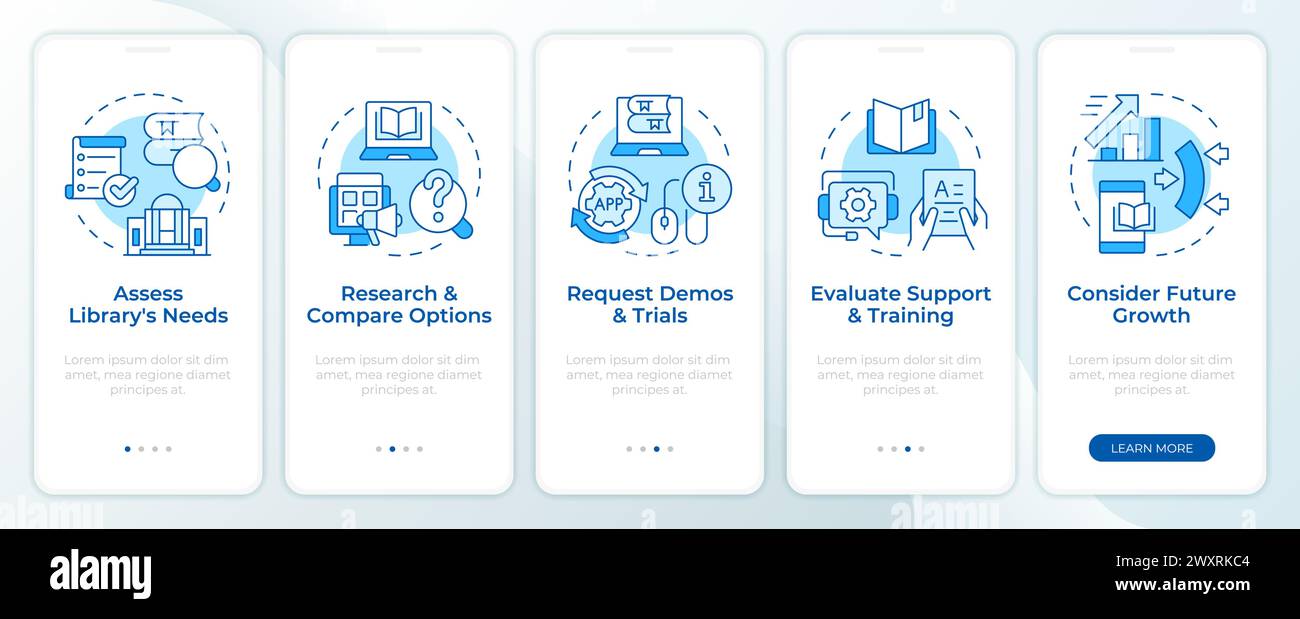 Book store management software blue onboarding mobile app screen Stock ...