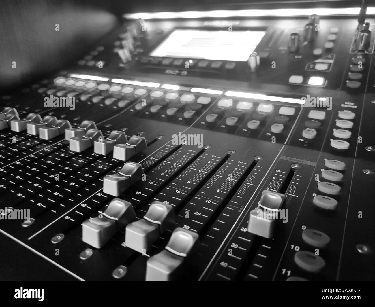 Music console close view background, professional sound device black ...