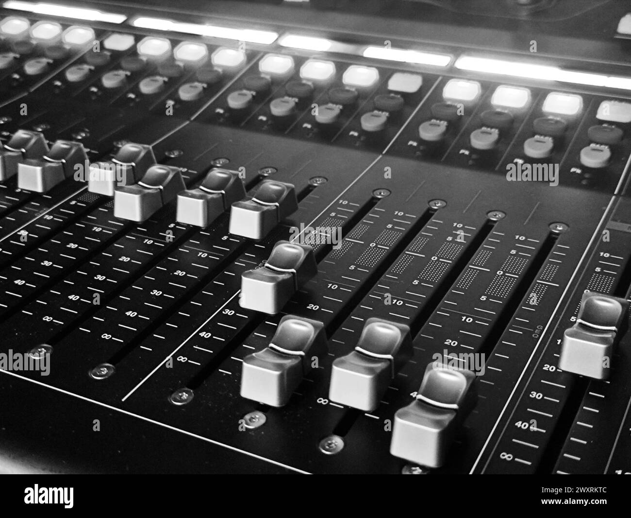 Music console close view background, professional sound device black ...