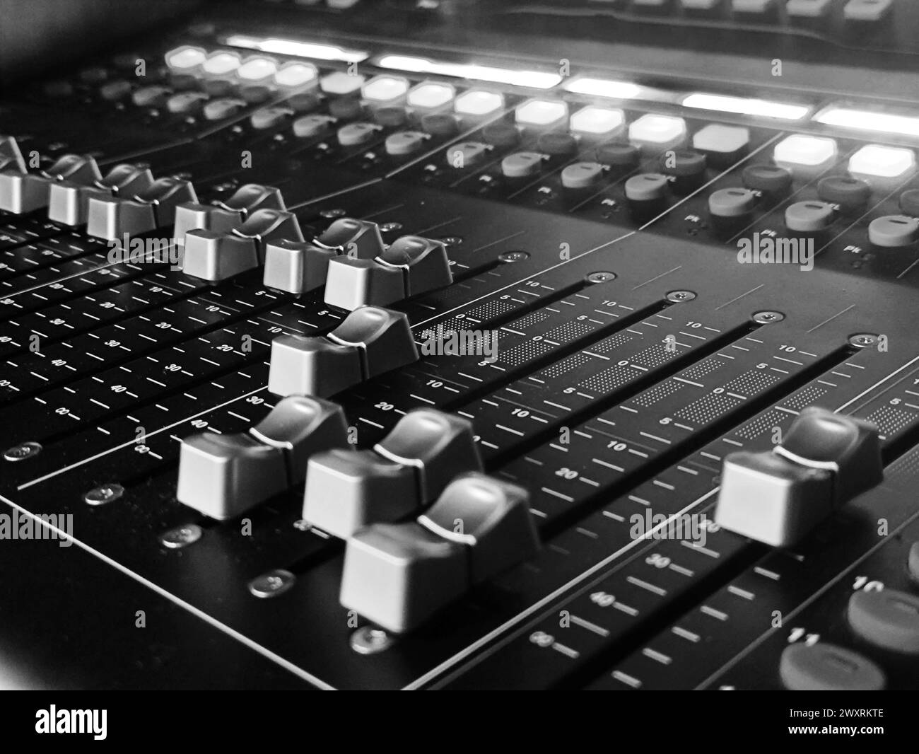 Music console close view background, professional sound device black ...