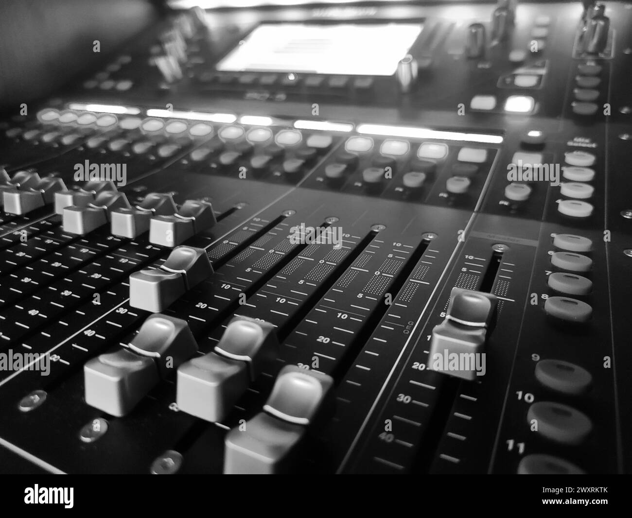 Music console close view background, professional sound device black ...