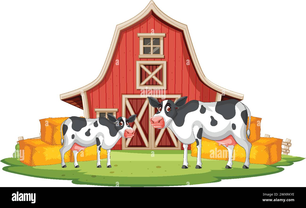 Two cows outside a barn with hay bales Stock Vector Image & Art - Alamy